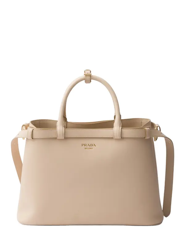 Prada Buckle Leather Handbag - Travertine Stone