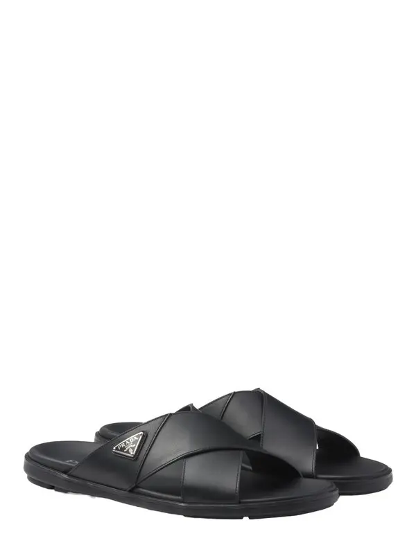 Prada Leather Crisscross Slides - Black