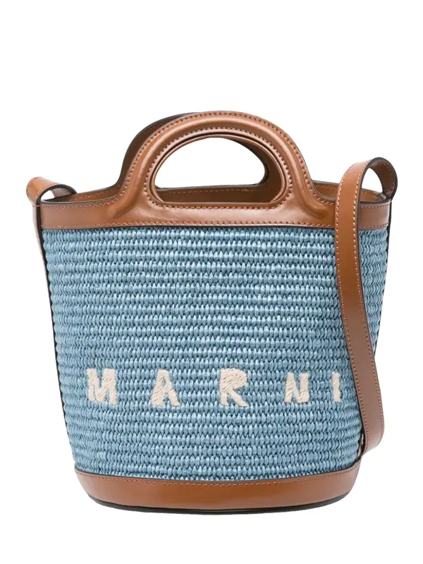 Marni Logo-embroidered Raffia Bucket Bag - Blue