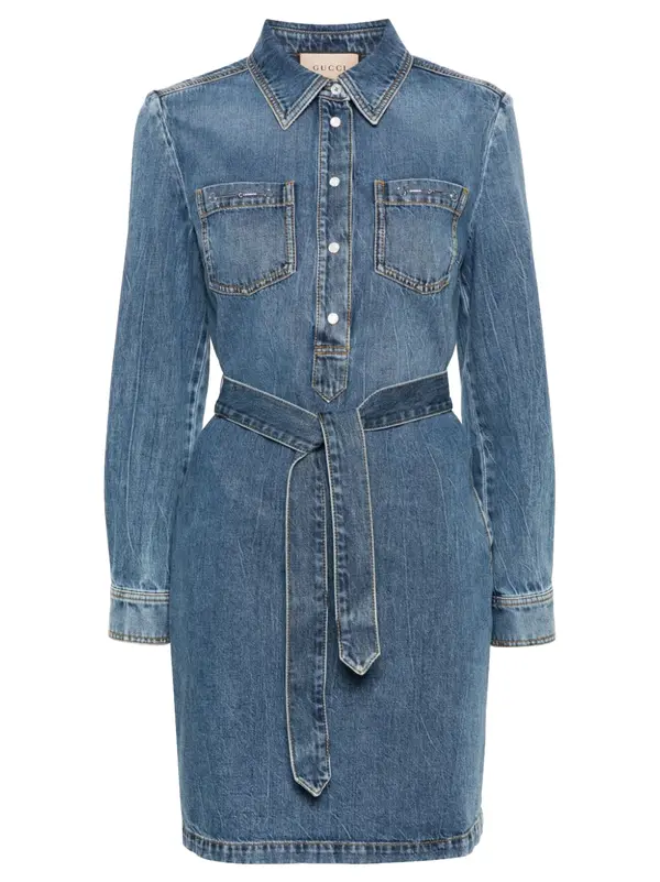 Gucci Horsebit Detail Denim Shirt Dress - Blue