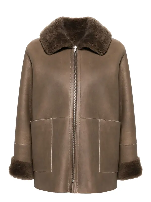 LISKA Spread-collar Leather Coat - Brown