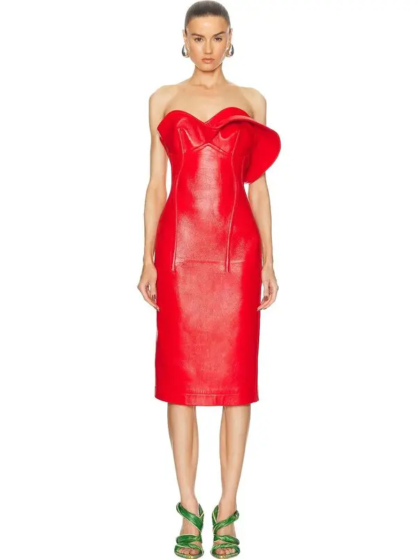 Bottega Veneta Draped Leather Midi Dress - Poppy