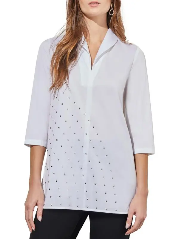 Ming Wang Studded Shawl Collar Shirt - White