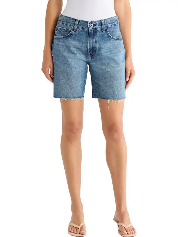 Ag Ex-boyfriend Distressed Raw Hem Mid Length Denim Shorts - Nouveau