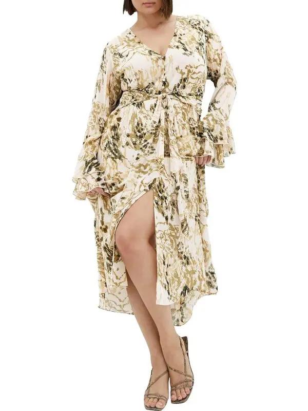 City Chic Print Tie Waist Long Sleeve Maxi Dress - Skin