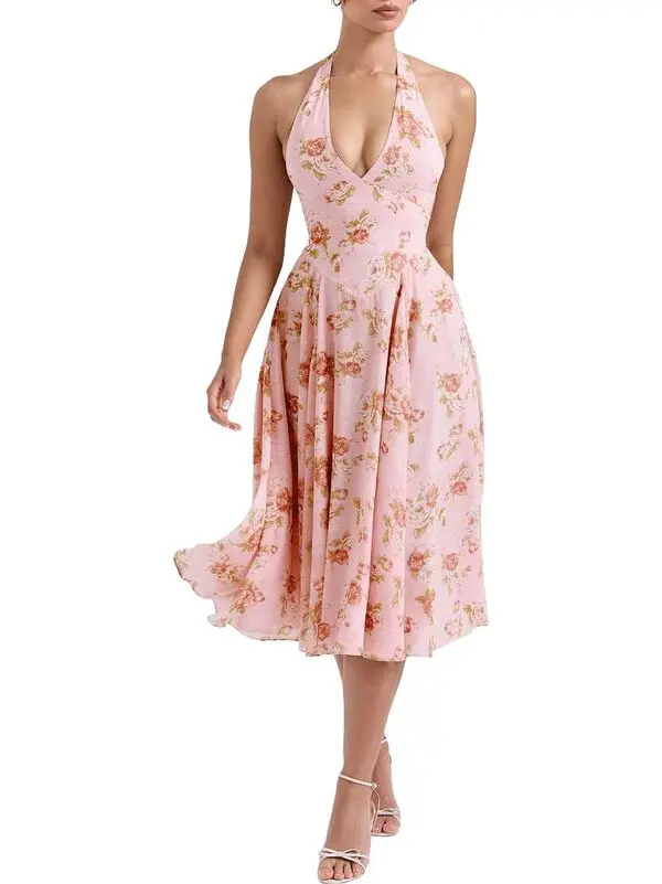 House Of Cb Solada Floral Halter Midi Sundress - Vintage Rose Print