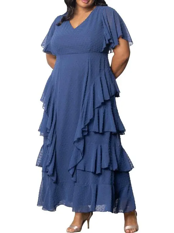KIYONNA Tour De Flounce Tiered Maxi Dress - Denim Blue Dot