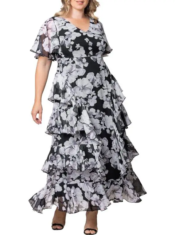 KIYONNA Tour De Flounce Tiered Maxi Dress - Grayscale Blooms