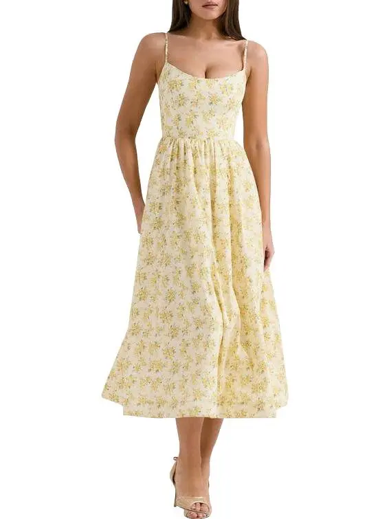House Of Cb Lolita Fit & Flare Midi Sundress - Yellow Floral Print