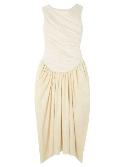 ABADIA Ora Gathered Tencel Lyocell And Cotton-blend Poplin And Jersey Midi Dress - Cream