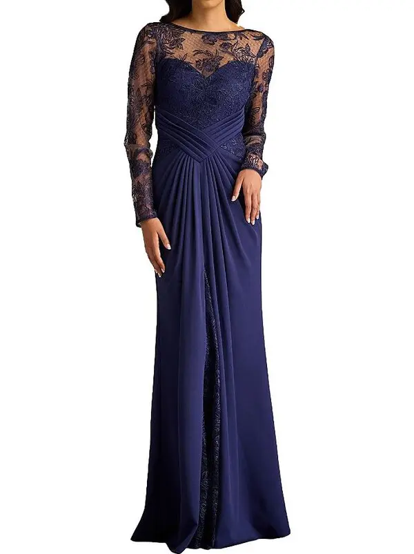 Tadashi Shoji Ravina Embroidered Illusion Gown - Navy
