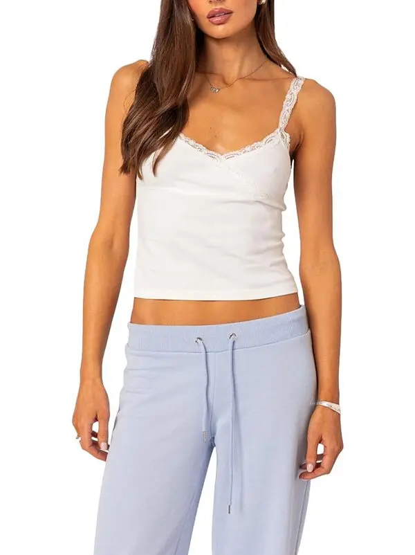EDIKTED Amilia Lace Trim Tank Top - White