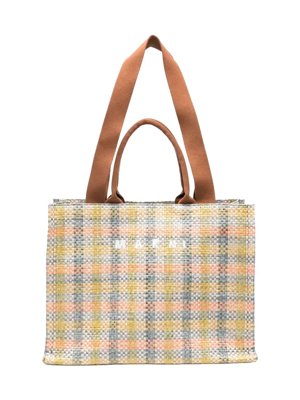 Marni Checkerboard Raffia Tote Bag - Brown