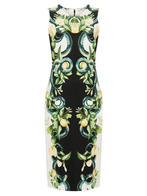 Roberto Cavalli Lemon And Snake Print Crepe Midi Dress - Black