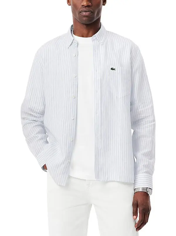 Lacoste Linen Regular Fit Button Down Shirt - Blue/ White