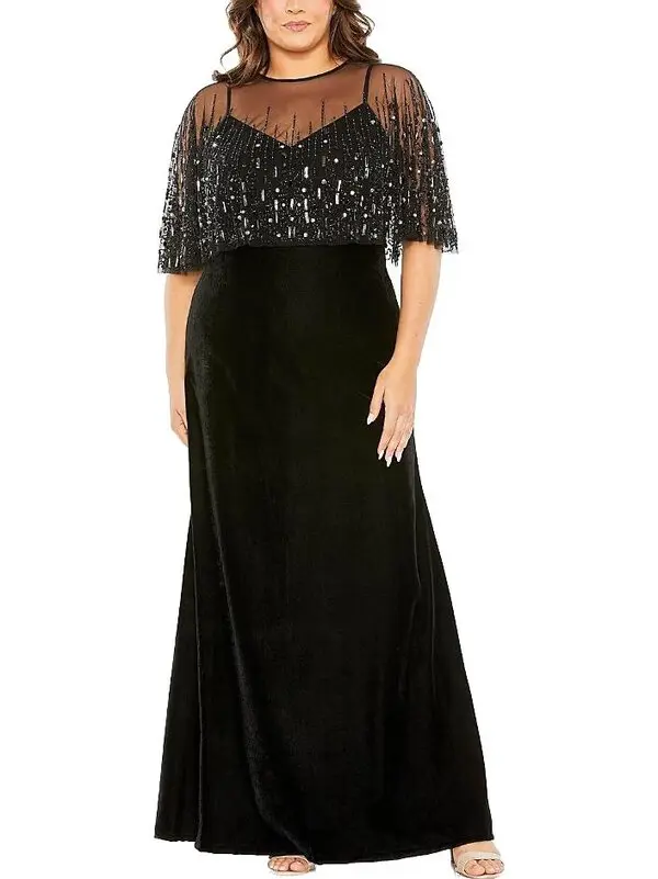 Mac Duggal Plus Embellished Cape Velvet Gown - Black