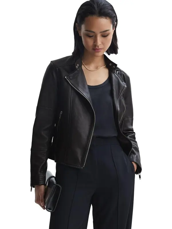 REISS Tallis Leather Biker Jacket - Black