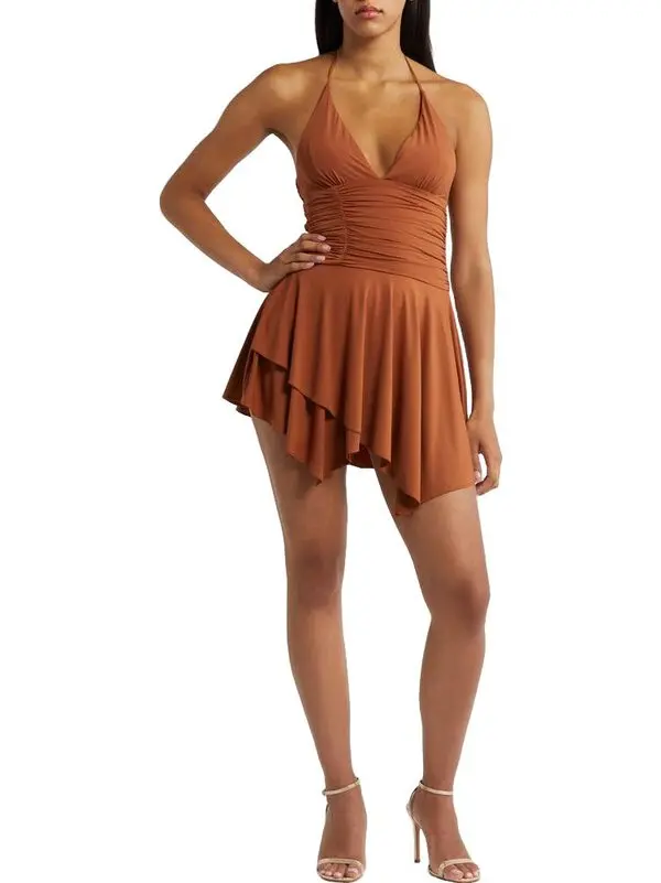 MISTRESS ROCKS Ruched Halter Minidress - Pecan