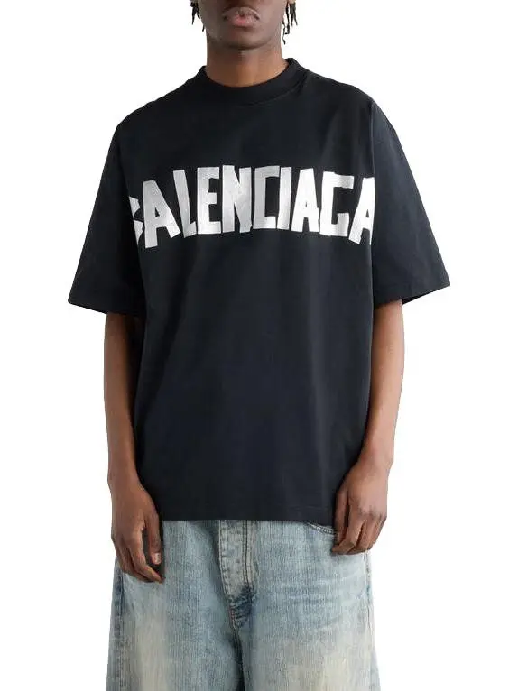 Balenciaga Distressed Tape Logo Cotton T-shirt - Faded Black/ Silver
