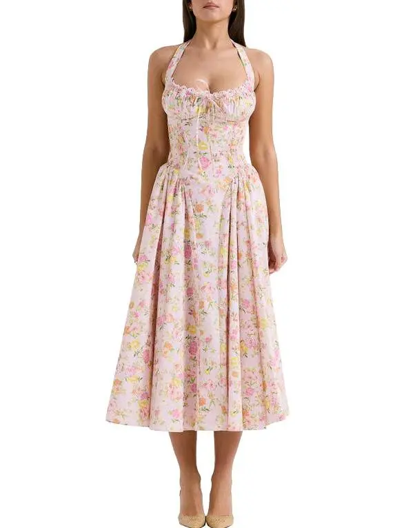 House Of Cb Adabella Floral Halterneck Midi Dress - Pink Floral Print