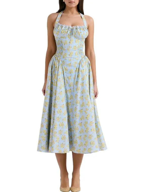 House Of Cb Adabella Floral Halterneck Midi Dress - Print Light Blue