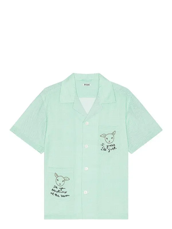 BODE See You At The Barn Short Sleeve Shirt In Mint - White Green