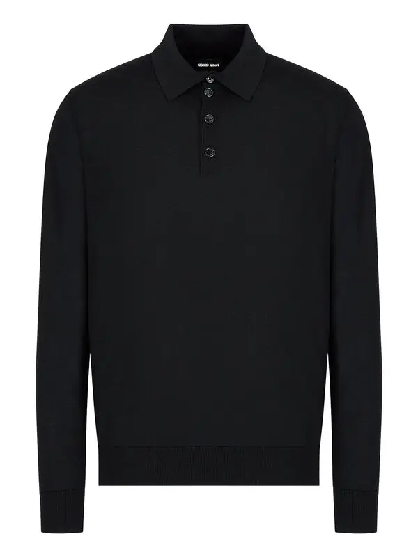 Giorgio Armani Long-sleeved Polo Shirt In Virgin Wool - Black