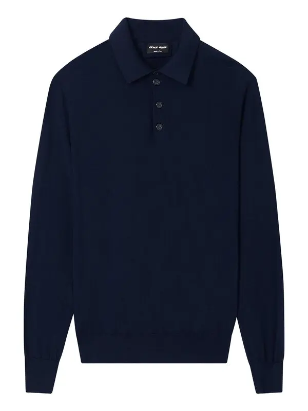 Giorgio Armani Long-sleeved Polo Shirt In Virgin Wool - Navy Blue