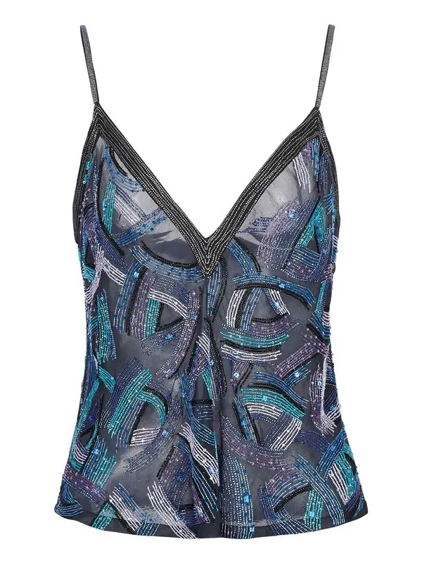 Giorgio Armani Embroidered Silk Organza V-neck Top - Patterned