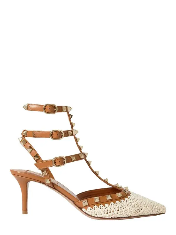 Valentino Garavani Rockstud 65 Embellished Leather And Raffia Pumps - Brown