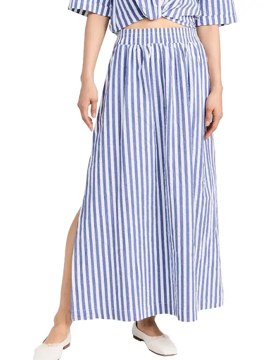 Stateside Puckered Stripe Double Slit Maxi Skirt - Navy Stripe