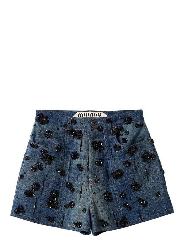 Miu Miu Embellished Denim Shorts - Navy