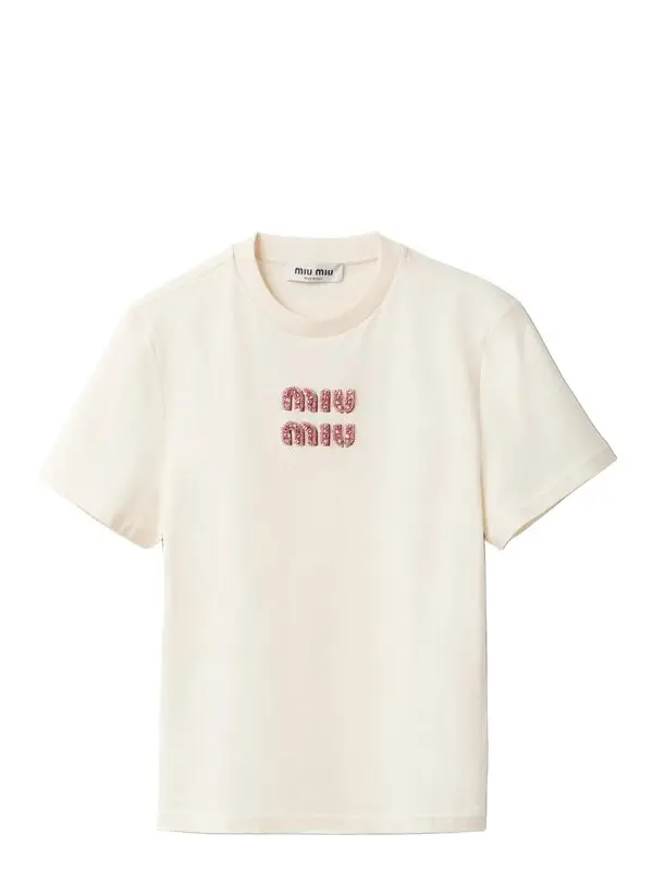 Miu Miu Embroidered Logo Jersey T-shirt - Tan / Pink