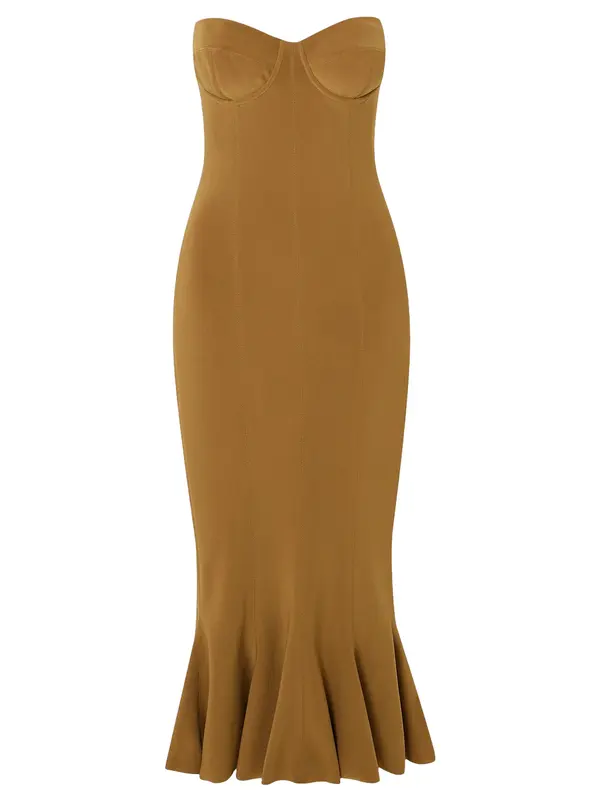Norma Kamali Strapless Fluted Midi Dress - Mustard