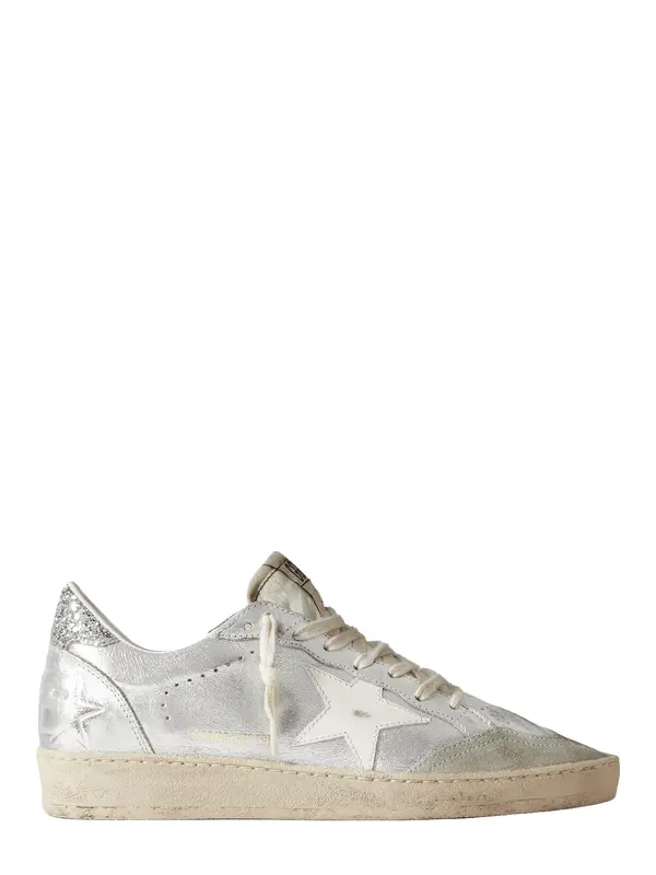 GOLDEN GOOSE Ballstar Glittered Distressed Leather Sneakers - Silver