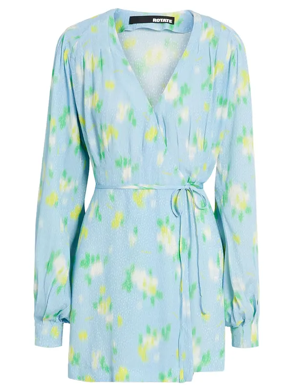 Remain Birger Christensen Pleated Printed Jacquard Mini Wrap Dress - Light Blue