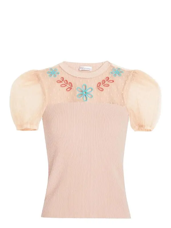 Red Valentino Embroidered Point D'esprit And Ribbed-knit Top - Blush