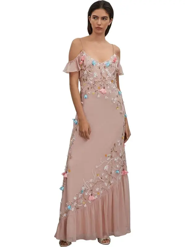 RAISHMA Embellished Floral Maxi Dress - Light Pink