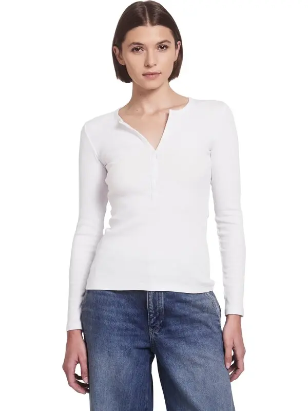 NINETY PERCENT Ribbed Henley Top In Organic Cotton - White