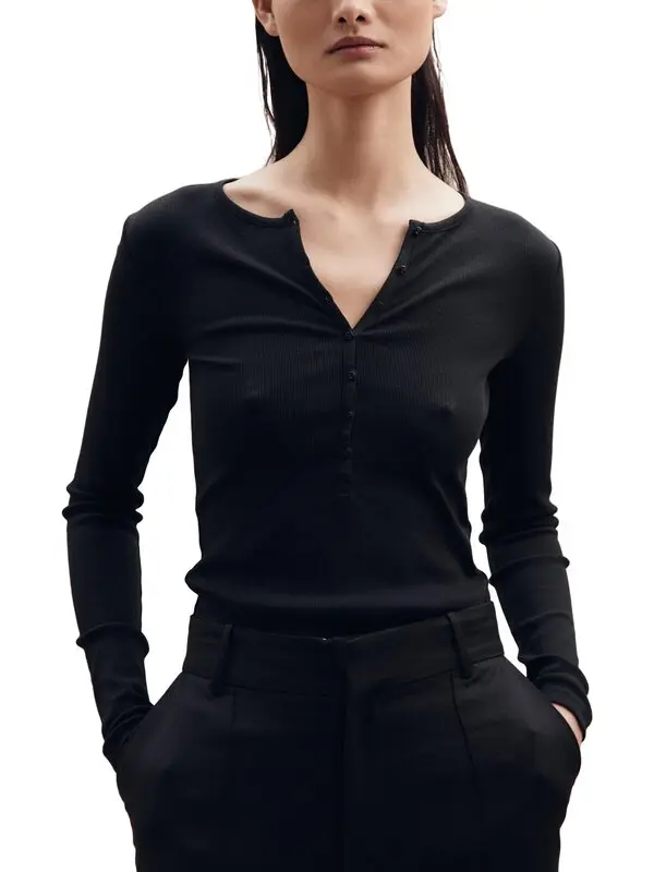NINETY PERCENT Classic Ribbed Henley Top - Black