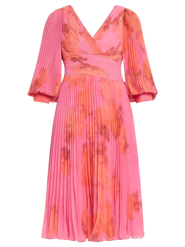 Rickie Freeman For Teri Jon Pleated Abstract-print Chiffon Midi Dress - Pink Multi