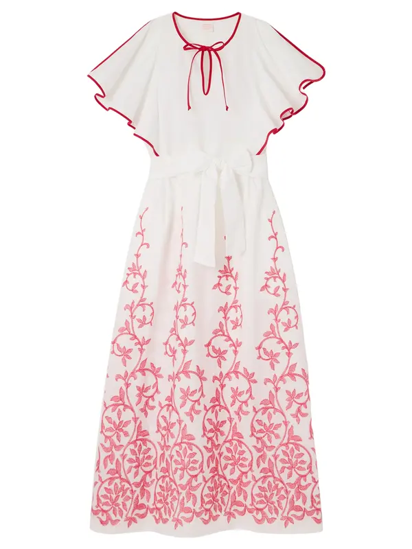 Loretta Caponi Daisy Belted Embroidered Midi Dress - Off-white