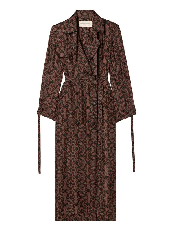 Dries Van Noten Belted Printed Silk Trench Coat - Black