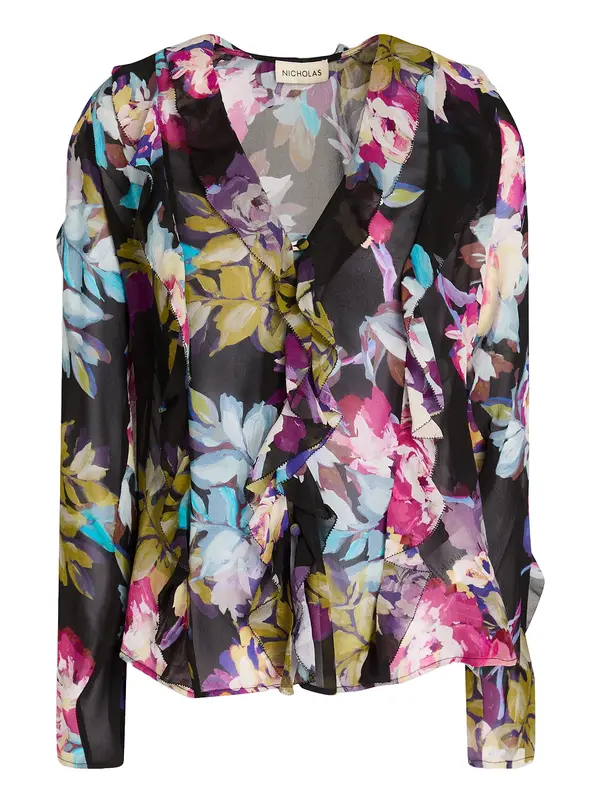 NICHOLAS Ruffled Floral-print Silk-chiffon Blouse - Black