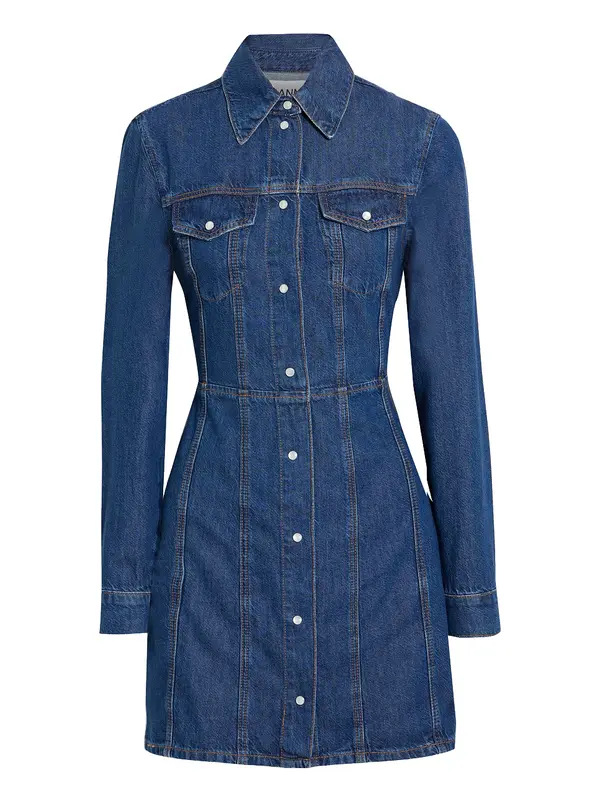 GANNI Flocked Denim Mini Shirt Dress - Mid Denim