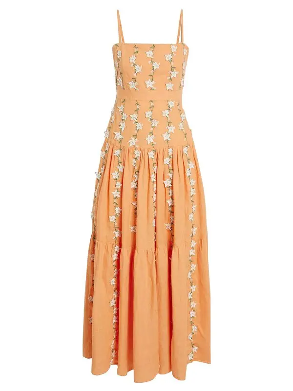 Agua Bendita Lima Sabanero Dorado Tiered Embellished Linen Maxi Dress - Pastel Orange