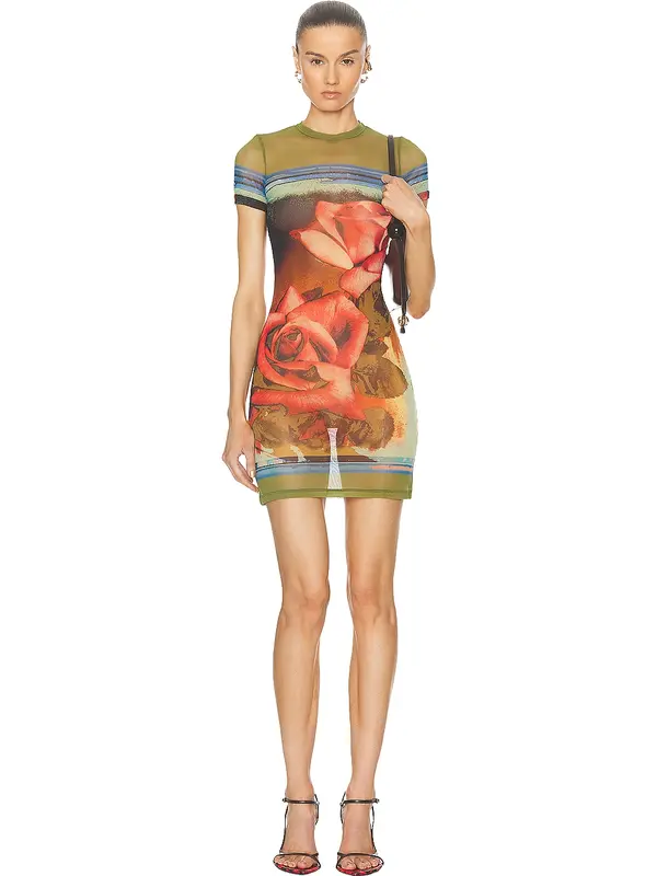 Jean Paul Gaultier Roses Mesh Short Sleeve Dress - Green  Red & Blue