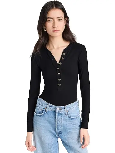 Ambitionist Button-up Ribbed Henley Thong Bodysuit - Black