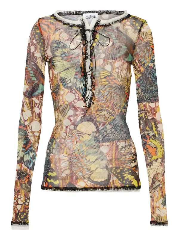 JEAN PAUL GAULTIER Printed Lace-trimmed Mesh Top - Multicoloured