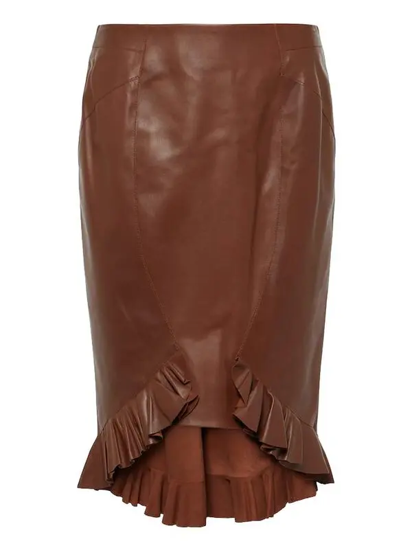 TOM FORD Ruffled Leather Midi Skirt - Brown